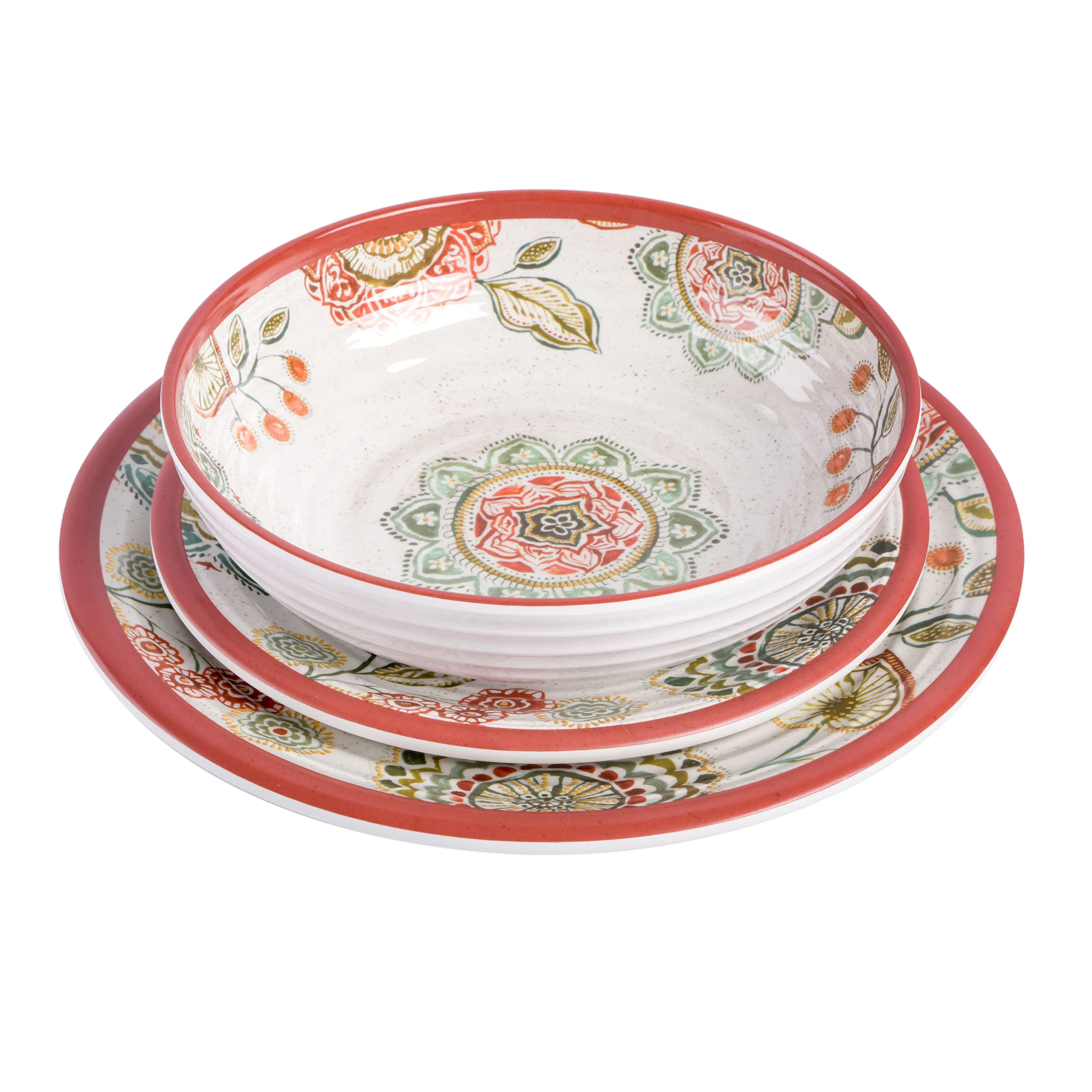 Gibson Home Mauna Melamine Plastic Dinnerware Set, Service for 4 (12pcs), Brick Floral