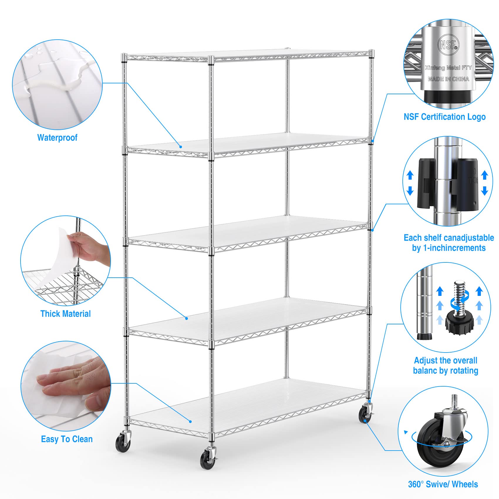 pouseayar 5 Tier 6000lbs Capacity NSF Metal Shelf Wire Shelving Unit, Heavy Duty Adjustable Storage Rack with Wheels & Shelf Liners for Commercial Grade Utility Steel Rack, 82" H x 48" L x 24" D
