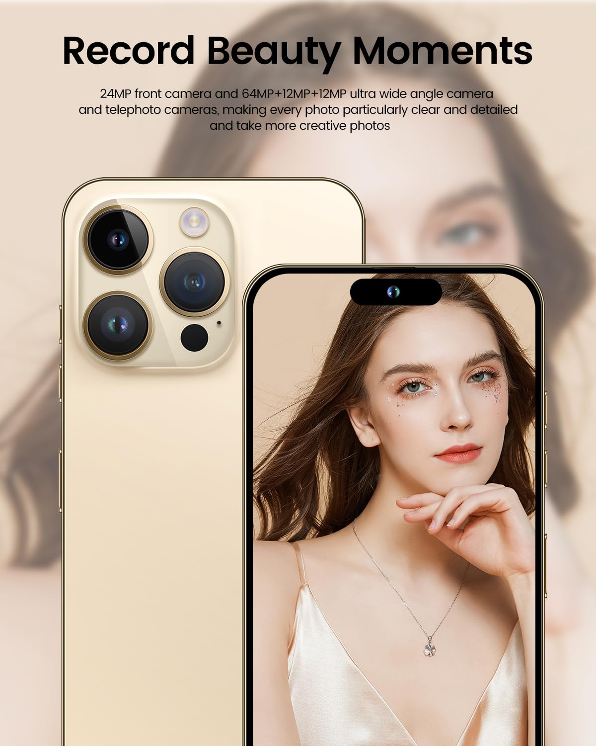 Echoamo A14 Pro Max Unlocked Smartphone, 5G Cell Phone 6GB+256GB Smartphone Android 13, 6000mAh Battery, 6.82" FHD+ Display 120Hz 64MP Camera, Dual SIM Octa-Core Phone GPS/Fingerprint/Face ID 5G Gold