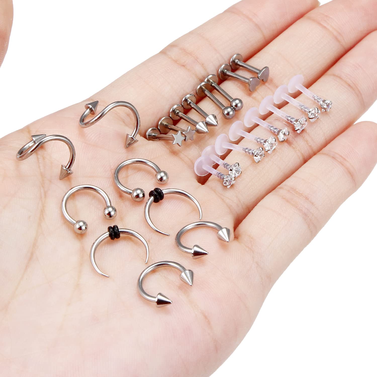 Ftovosyo Threadless Labret Studs 16g Lip Rings Stainless Steel Horseshoe Monroe Lip Rings Nail Tragus Helix Earrings Studs Ring Medusa Piercing Jewelry 8mm 24PCS
