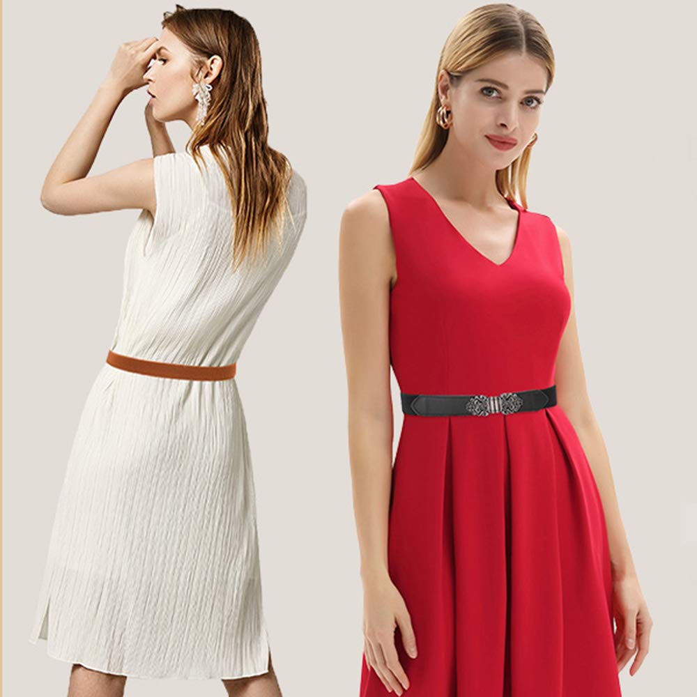 Elastic Stretch Belts for Women Skinny Black Dress Belts with Brass Buckle, S