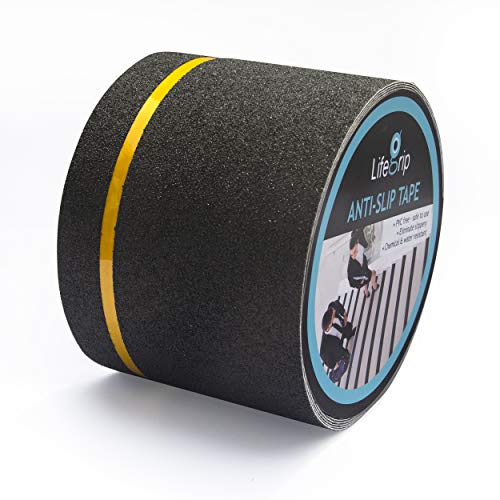 LifeGrip Anti Slip Traction Tape with Reflective Stripe, 4 Inch x 30 Foot, Best Grip Tape Grit Non Slip, Outdoor Non Skid Treads, High Traction Friction Abrasive Adhesive for Stairs Step, Black