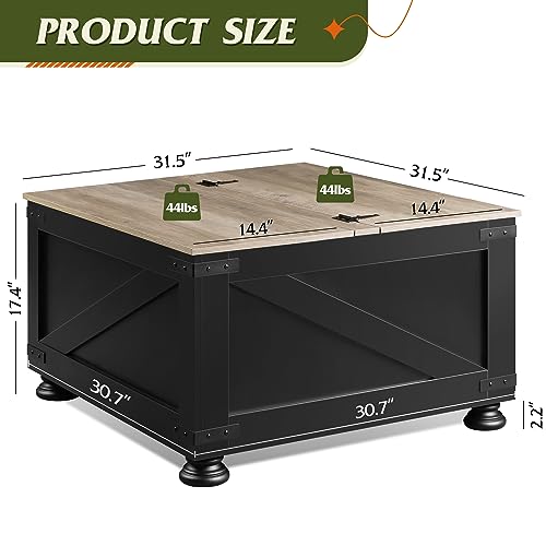 WLIVE Farmhouse Coffee Table,Square Wood Lift Top Coffee Table with Storage,Center Table for Living Room,Home Office,Black and Grey Oak