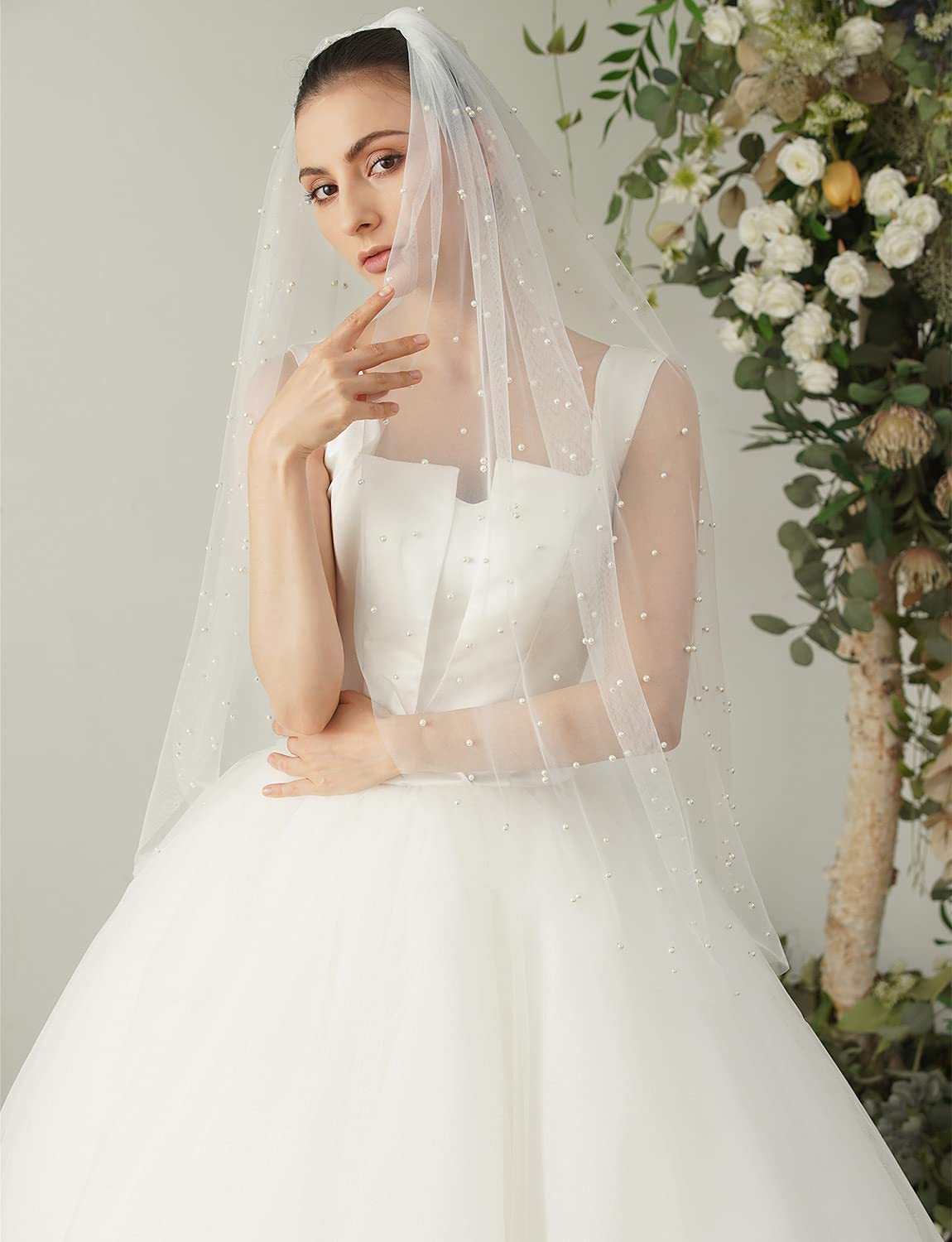 ELAWBTY Womens 1 Tier Fingertip Length Pearl Wedding Bridal Veil With Comb X06 Ivory