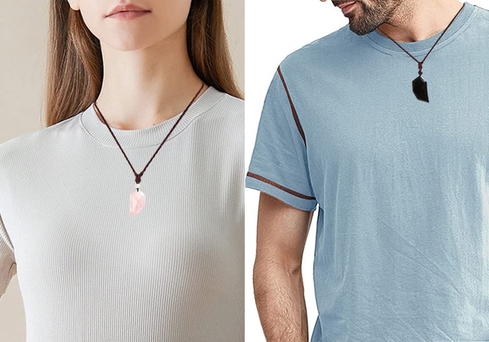 Domika 2pcs Healing Stone Matching Heart Couples Necklace Rose Quartz Black Obsidian Crystal Pendant Adjustable Rope Love Puzzle Necklace for Men Women