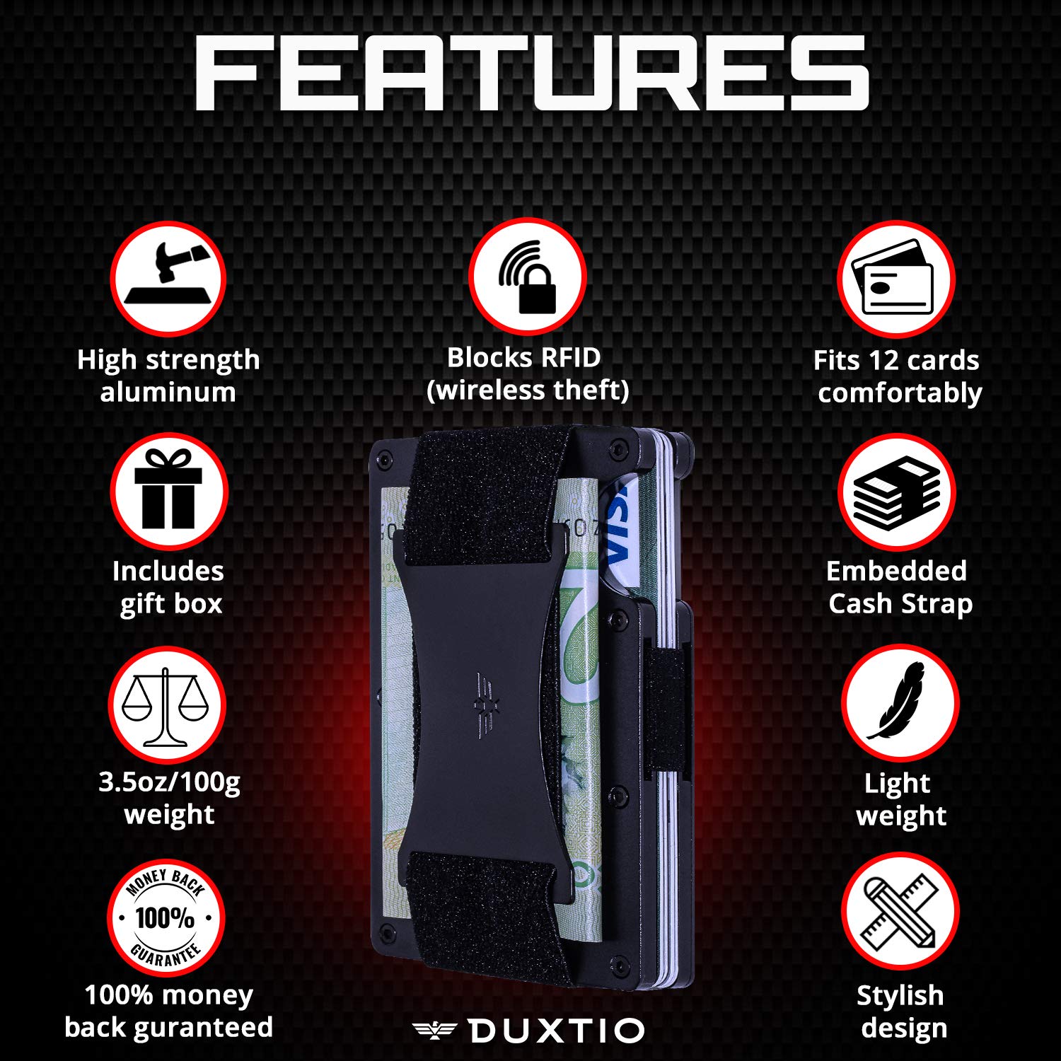 DUXTIO Slim Minimalist Aluminum Wallet for Men/Credit Card Holder for Men with Cash Strap (Black)