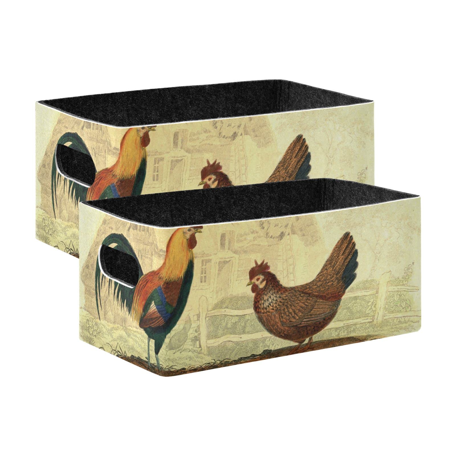 Emelivor Rooster Hen Vintage Storage Basket Bins Set (2pcs) Felt Collapsible Storage Bins with Fabric Rectangle Storage Organizing Baskets for Nursery Toys,Kids Room,Clothes,Towels,Magazine