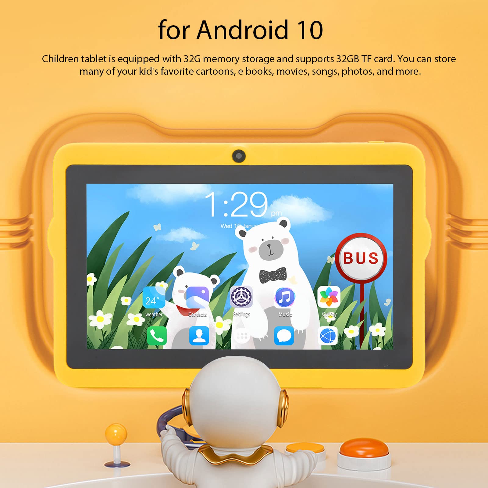 Kids Tablet for 10, 7 inch Eye Protection Touch Screen, Dual Camera, 2GB RAM 32GB ROM, 5G WiFi Dual Band, 8 Cores CPU, Kid Proof Case (Yellow)