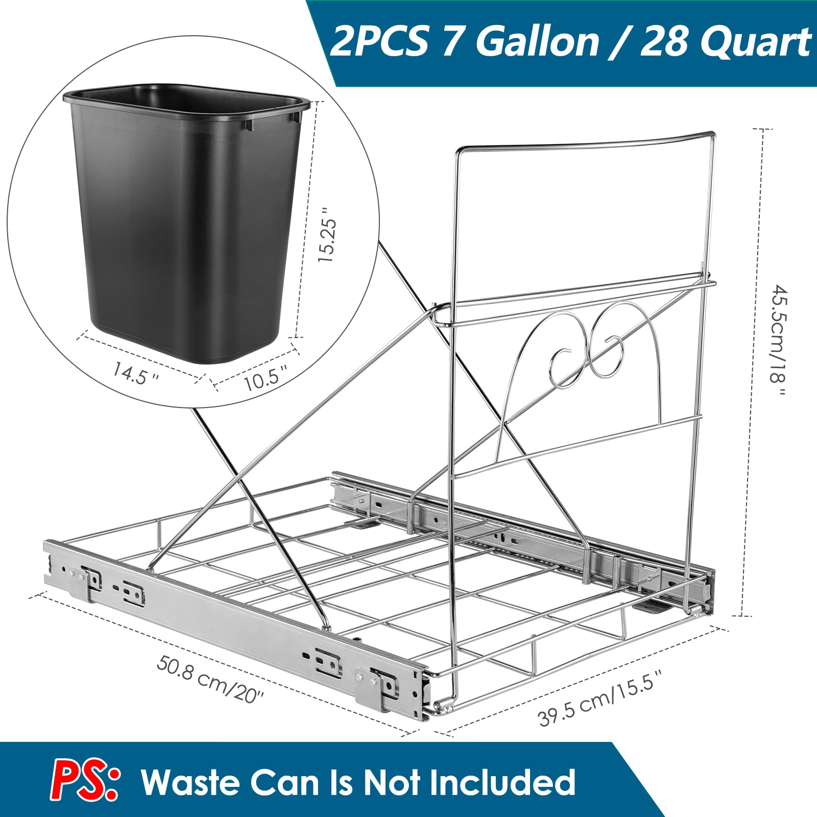 Pektiftn Double Pull Out Trash Can Under Cabinet, Under Sink Trash Can Pull Out Shelf Kit,Dual Compartment Slide Out Rack Rail for Kitchen Recycle Bins (Not Included Trash Can,Stainless Steel)