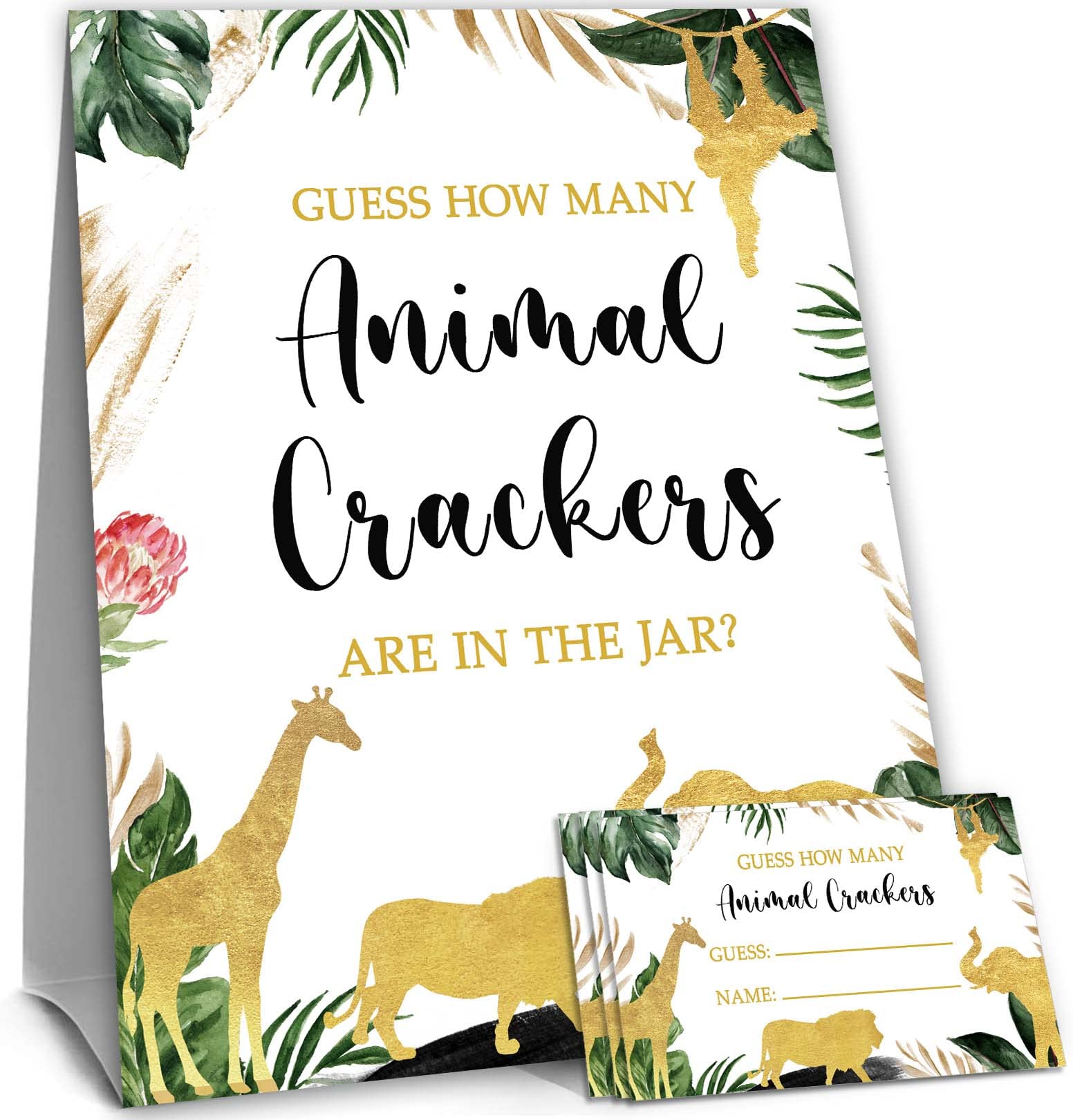 Yuzioey Guess How Many Animal Crackers Guessing Game, 50 Cards and Matching Standing Sign, Safari Jungle Animal Baby Shower Game Cards