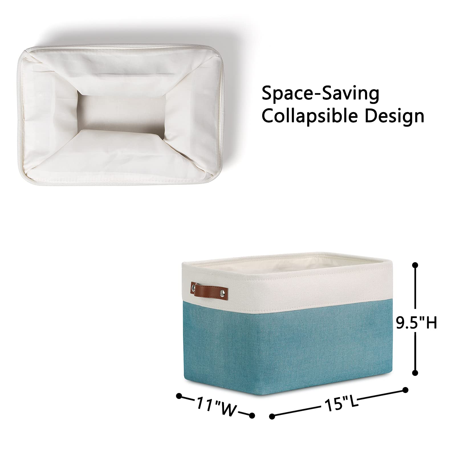 DULLEMELO Collapsible Bundle Baskets 3 Medium Baskets 15"x11"x9.5" + 2 Large Baskets 16"x12"x12"(White&Teal)