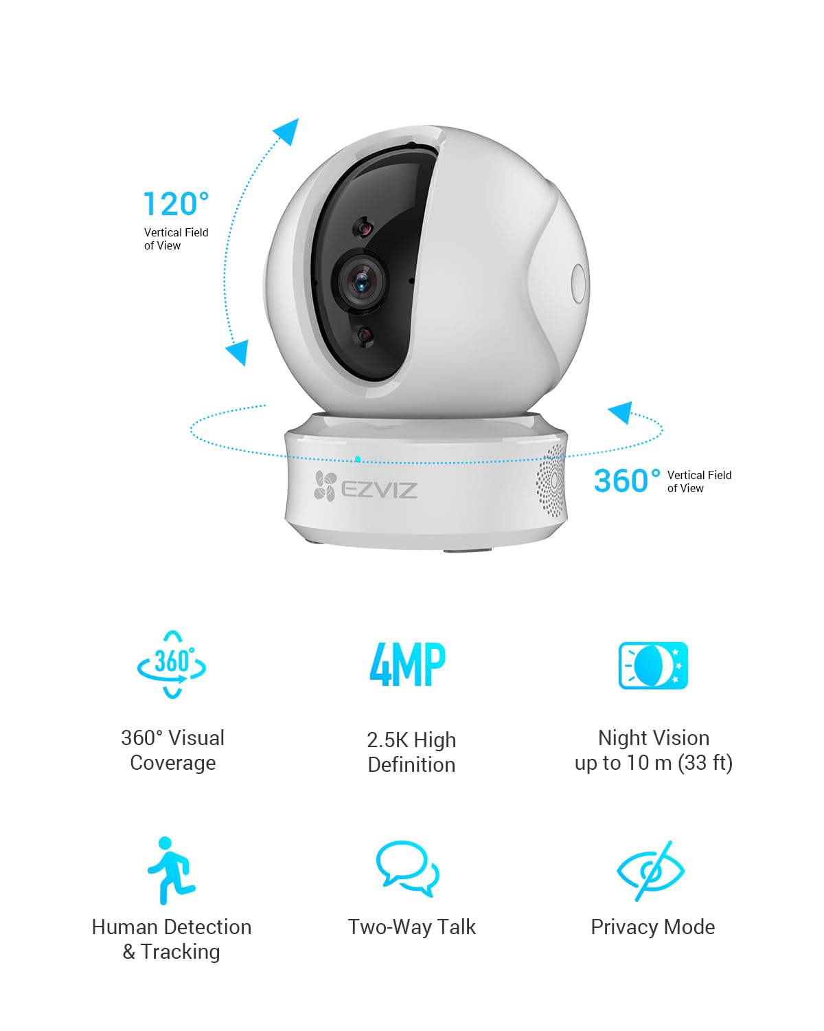 EZVIZ C6CN 1080p Indoor Pan/Tilt WiFi Security Camera, 360° Coverage, Auto Motion Tracking, Two-Way Audio, Clear 30ft Night Vision, Supports MicroSD Card up to 256GB (Sold Seperately), 2.4GHz WiFi