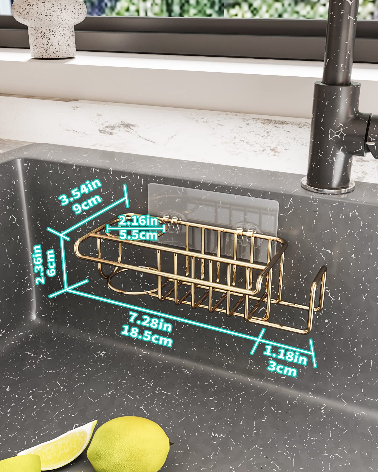 HapiRm Sponge Holder for Kitchen Sink, No Drill Sink Caddy Kitchen Sink Organizer, Rustproof Sink Sponge Holder- Gold(8.46 * 3.54 * 2.36in)