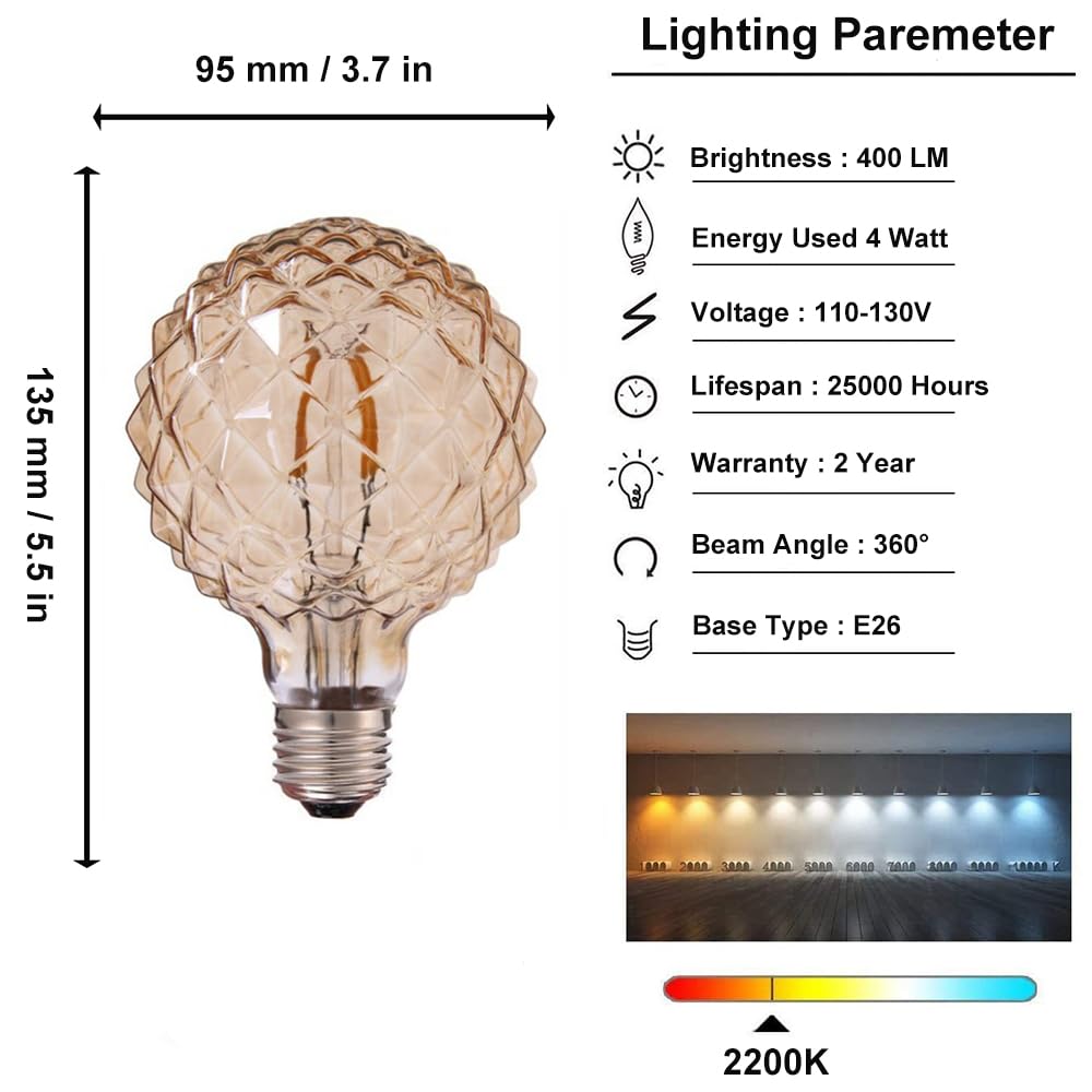 Vintage LED Edison Bulb G30 4W Dimmable LED Filament Bulb Globe Pineapple Shaped Light Bulb 2300K Warm White E26 400LM Equivalent 40W Incandescent (Amber)