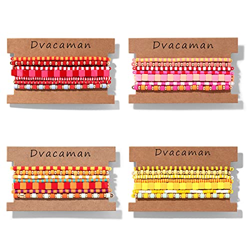 Dvacaman 3-7Pcs Bohemian Enamel Beaded Stretch Bangles Stackable Bracelets Set for Women Promise Bracelet for Couples Multicolor Bracelets (7Pcs (Orange))