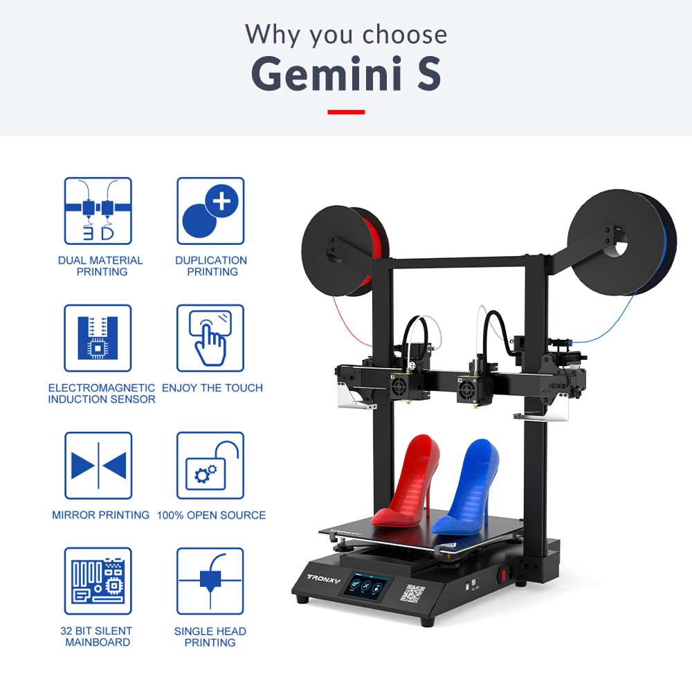 TRONXY Gemini S Dual Extruder 3D Printer,Two Color 3D Printers, Eight Languages + Four Printing Modes, Extruder Printering Flexible Filament 1.75mm, Print Size 300×300×390mm