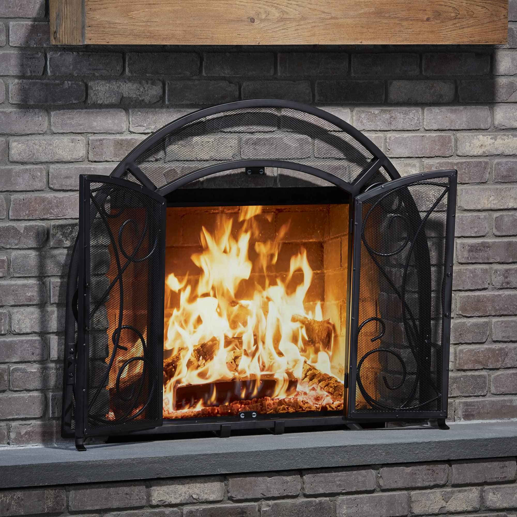 Uniflame Single Panel Black Wrought Iron Ornate Fireplace Screen with Doors