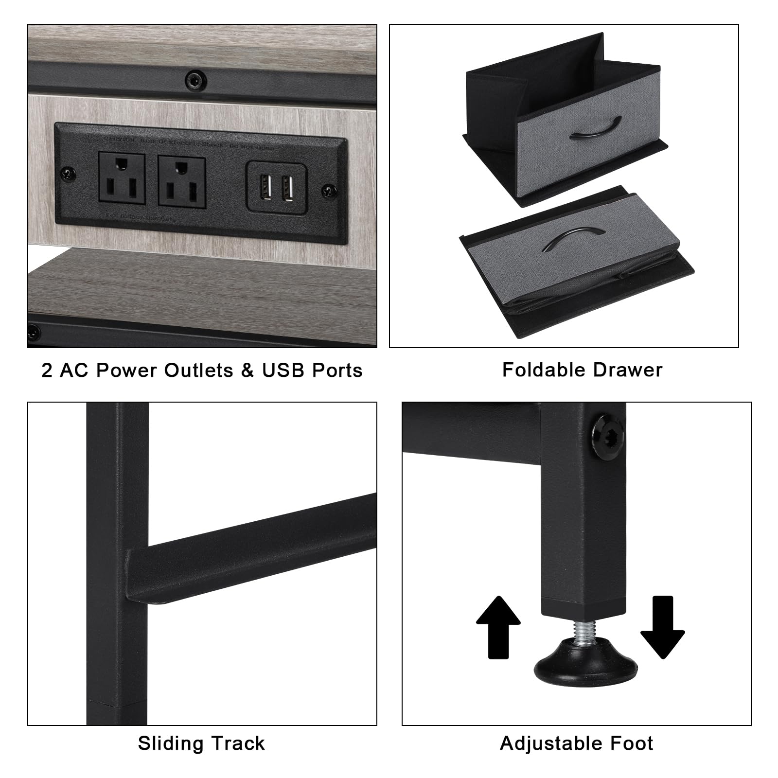 NANANARDOSO End Table with 3 Drawers and 2-Tier Shelf, Fabric Small Dresser Organizer Vertical Storage with Charging Station, Industrial Nightstand Side Table for Bedroom, Sofa, Grey