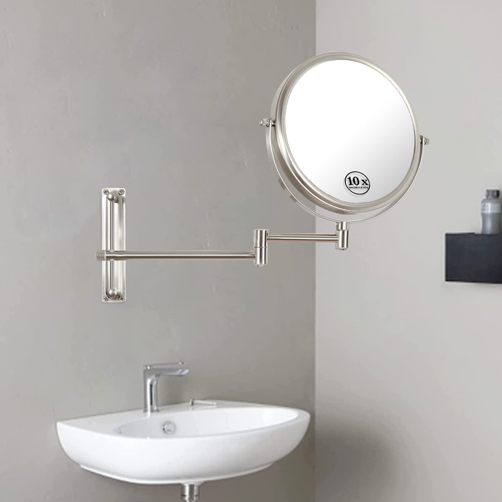 Keilefo Wall Mounted Makeup Mirror 10 Times Magnifying Mirror can Move up and Down 8 inch,Bathroom Double-Sided Vanity Mirror 360 Degree Rotating Telescopic Folding Without Dead Ends (Nickel)