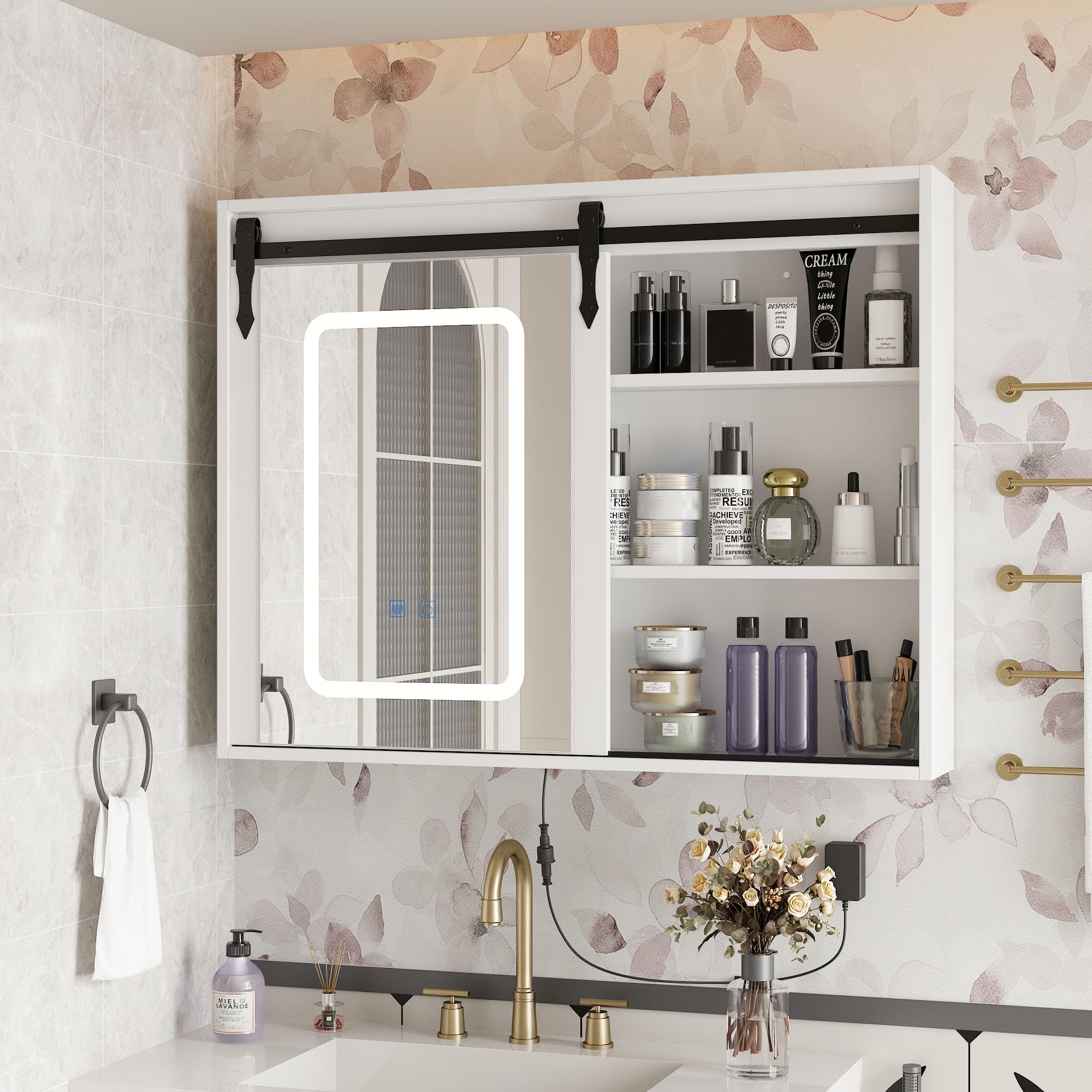 Lovinouse Medicine Cabinet for Bathroom with Mirror Sliding Door & LED Lights, Large Rectangle Wall Mounted Storage Cabinet w/Glass Doors, Shelves & Anti-Fog Function, 35.4 X 27.6 Inch, White