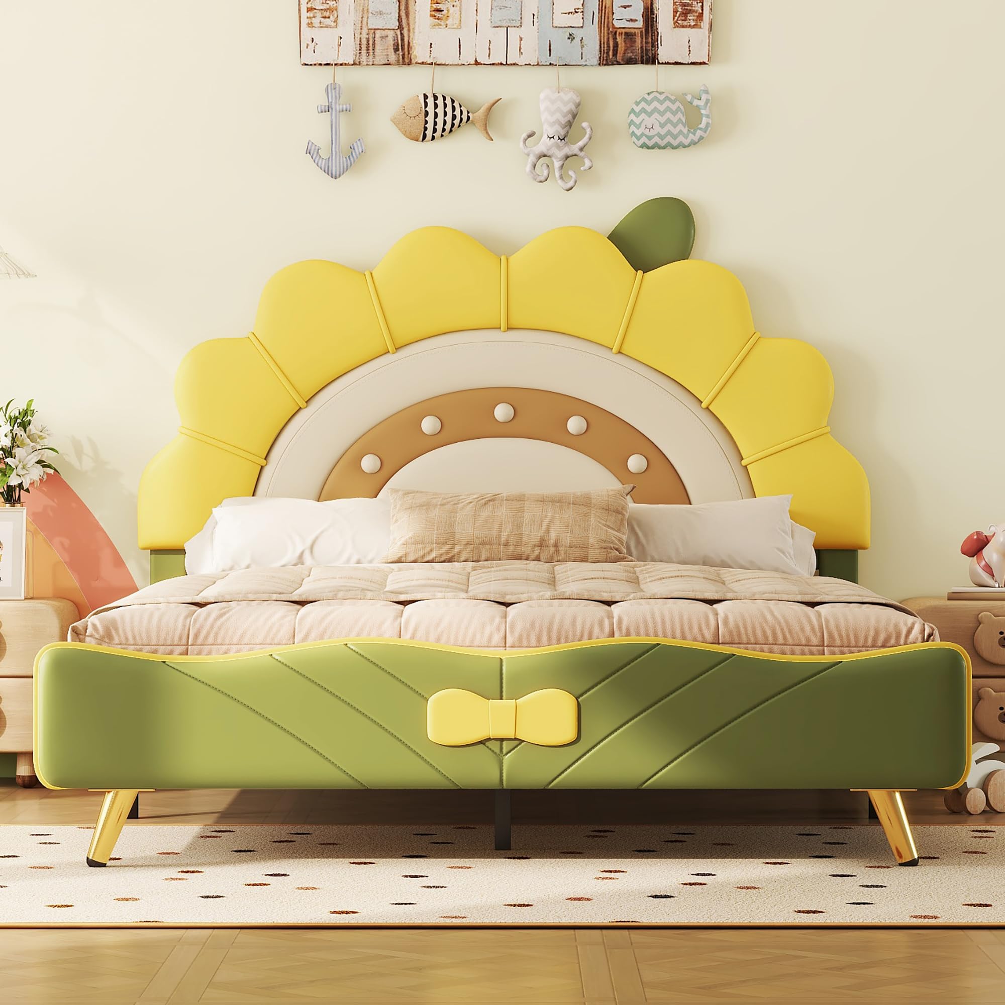 Merax Twin Size Bed Frames for Kids, Upholstered Platform Bedframe with Sunflower Shaped Headboard, No Box Spring Needed, Green