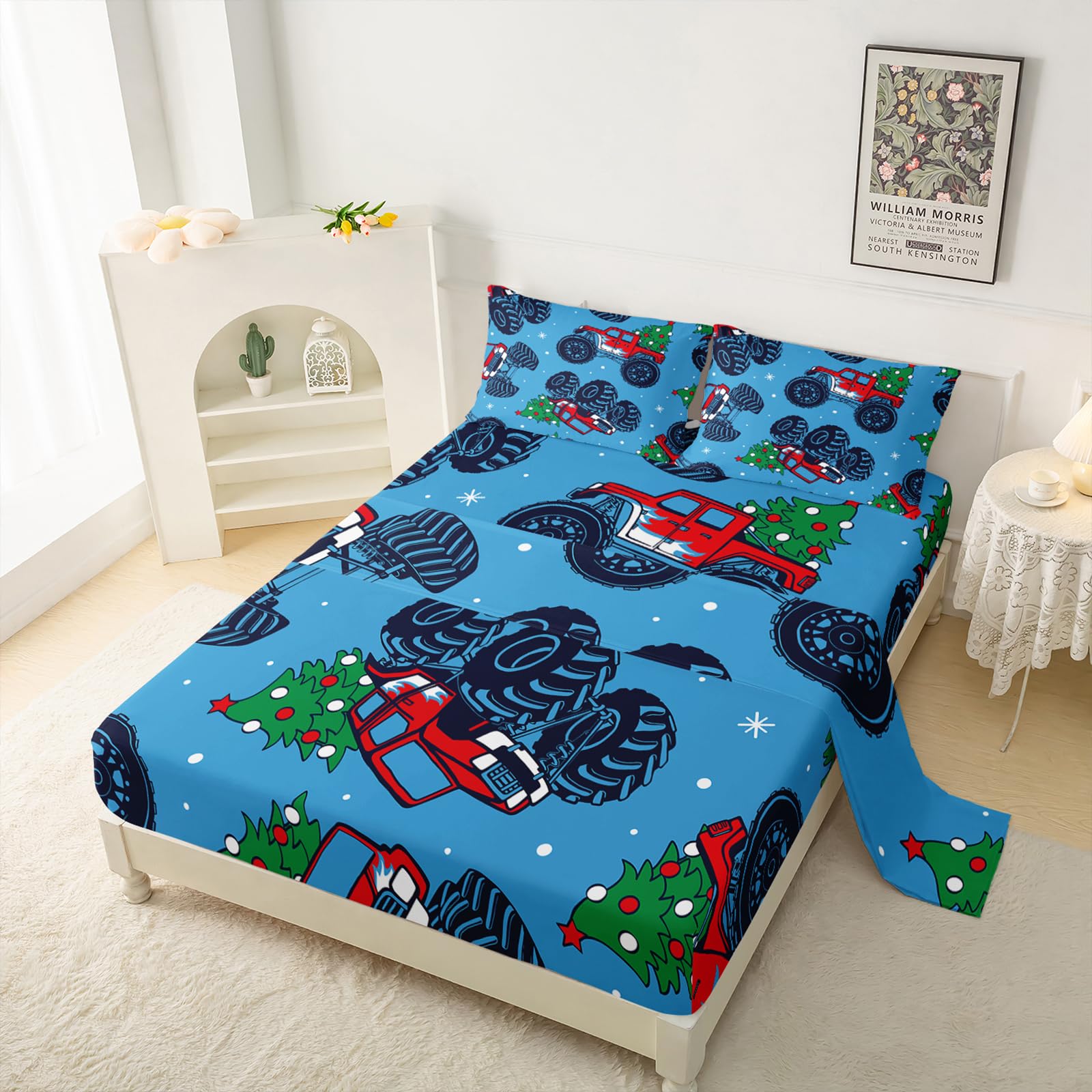 QOOMO Truck Sheets Set Twin Size, Kids Sheets Set Set,Christmas Tree Truck Printing Bedding Ultra Soft,Ultra Sheets Set Twin Size 1 Fitted Sheet, 1 Flat Sheet, 2 Pillow Cases