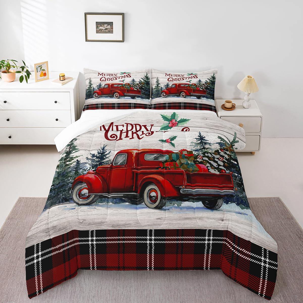 Merry Christmas Comforter Set King Size,Vintage Xmas Truck Quilt Set Red Black Checkered Bedding Set 3Pcs for Kids Girls Boys Bedroom Decor,Rustic Farmhouse Wood Duvet Insert,2 Pillowcases