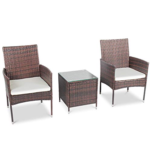Recaceik, 2 upholstered top Dining (Brown) Patio, 3 Piece Set Outdoor Space-Saving Rattan Glass Tables and Chairs