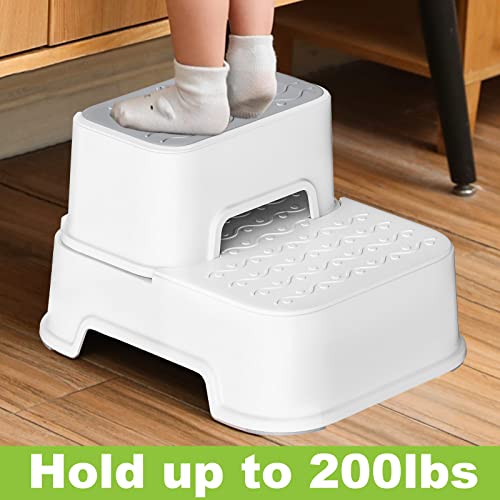 Two Step Stool for Kids, Double up Baby Child Toddler Stepping Stool for Potty Training,Bathroom Sink,Kitchen,Toilet Stool with Anti-Slip Strips for Safety, Stackable, Wide Step (2 Packs White)