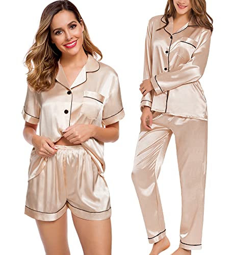 SWOMOG Women Silk Satin Sleepwear Button Down Pajamas Set 4 Pcs Short Sleeve Loungewear Champagne
