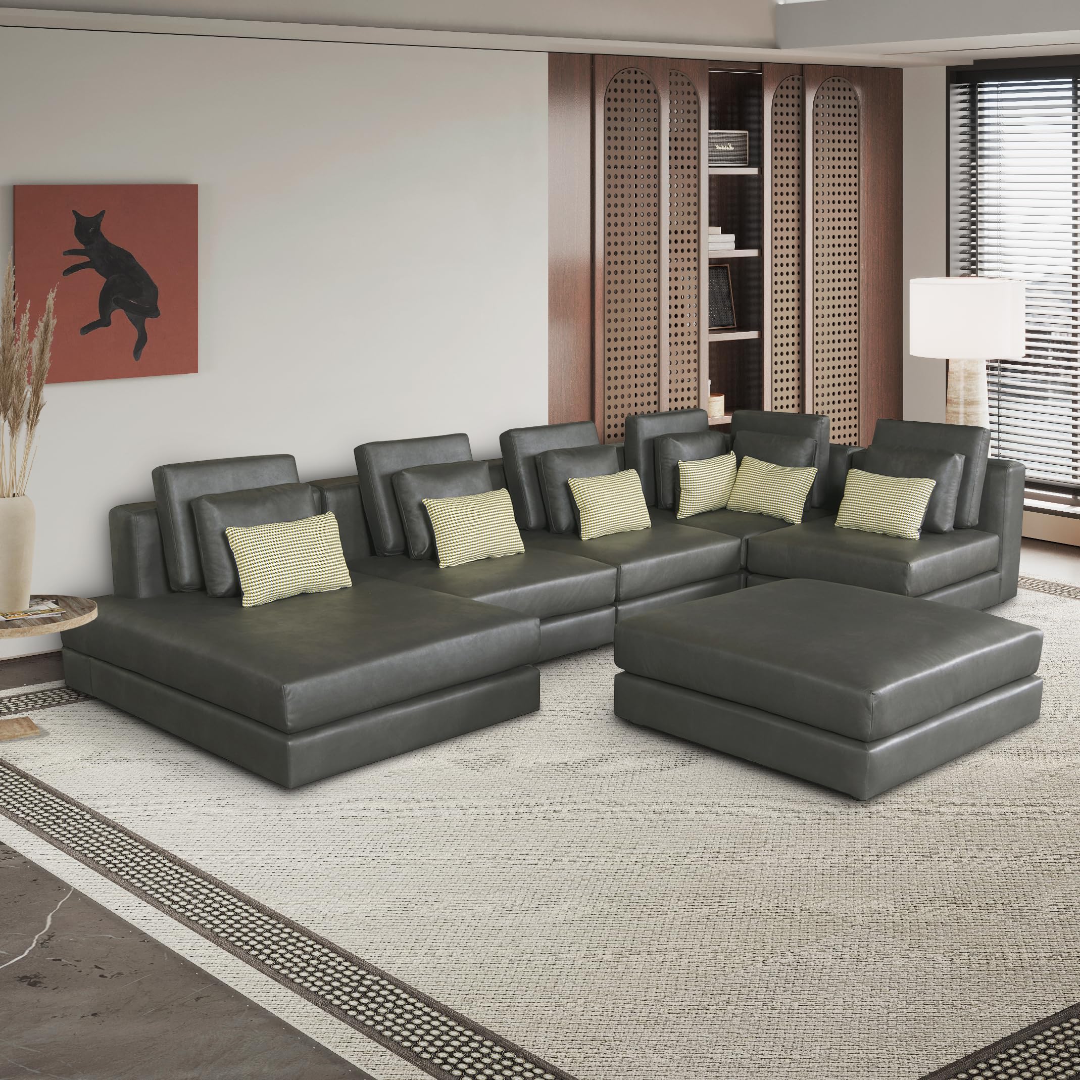 Olodumare Oversized Modular Technical Leather Sectional Sofa Couch,U Shaped Convertible Corner Couch with Reversible Chaise Lounge and Movable Ottoman, Living Room Furniture Sets,Grey