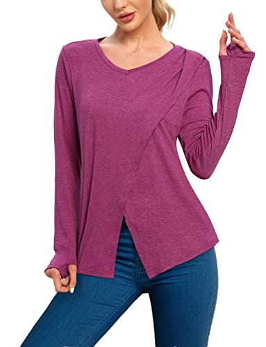 Hiverlay Long Sleeve Workout Shirts for Women V Neck Athletic with Thumbhole Pockets Running Loose Active T-Shirts Pink Large