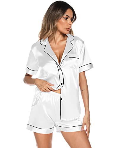 SWOMOG Women's Silk Satin Pajamas Set Soft Top and Shorts Button Down Pj Set 2 Piece Sleepwear White