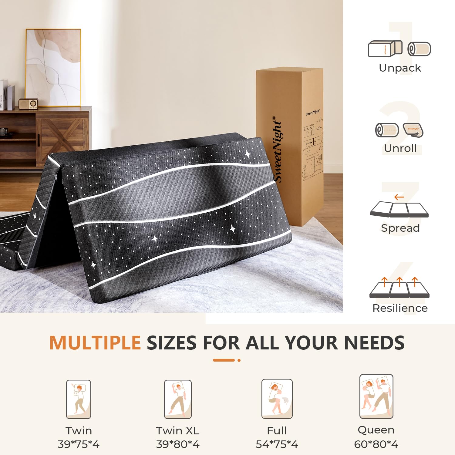 Sweetnight Portable Tri Folding Mattress Foldable - 4-inch Foldable Mattress with Removable & Breathable Cover | Comfy Soft Double-Sided Tri-Fold Mattress |Star Pattern (Full)