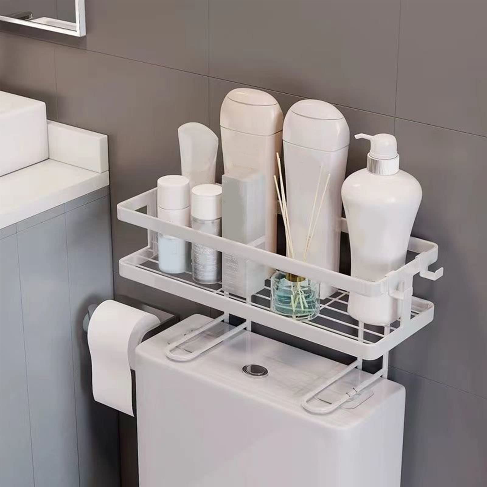 PENDINGS Iron Toilet Shelf Waterproof Design Spacious Storage Easy Install Nail Over The Toilet Organizer Bathroom Space Saver (Single Layer White)