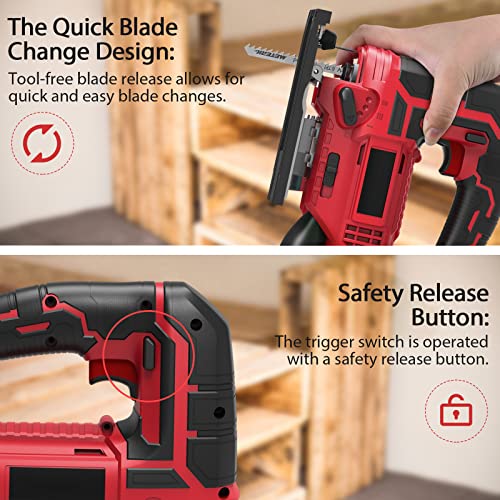 Jigsaw, 20V Cordless Jig Saws with LED, 10Pcs Blades, 4 Orbital Settings, Variable Speed, ±45° Bevel Cutting, Scale Ruler, Tool-free Blade Changing, Battery & Carrying Bag & Fast Charger Included(A)