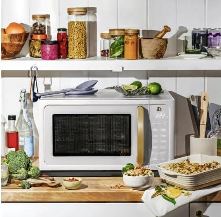 Touchscreen Sensor Microwave Oven 1.1 Cu Ft – Touch-Activated Display, White, Stylish Kitchenware by Drew Barrymore for Quick Cooking and Reheating