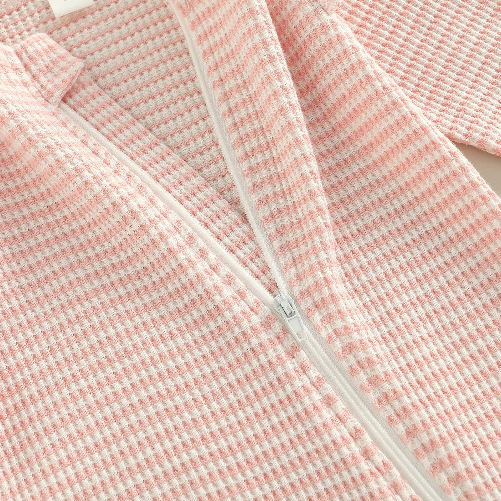 Kuriozud Newborn Baby Girl Striped Sleeper Zipper Footie Romper Ruffle One Piece Outfit Infant Clothes (0-3 Months, Striped Ruffle Pink)