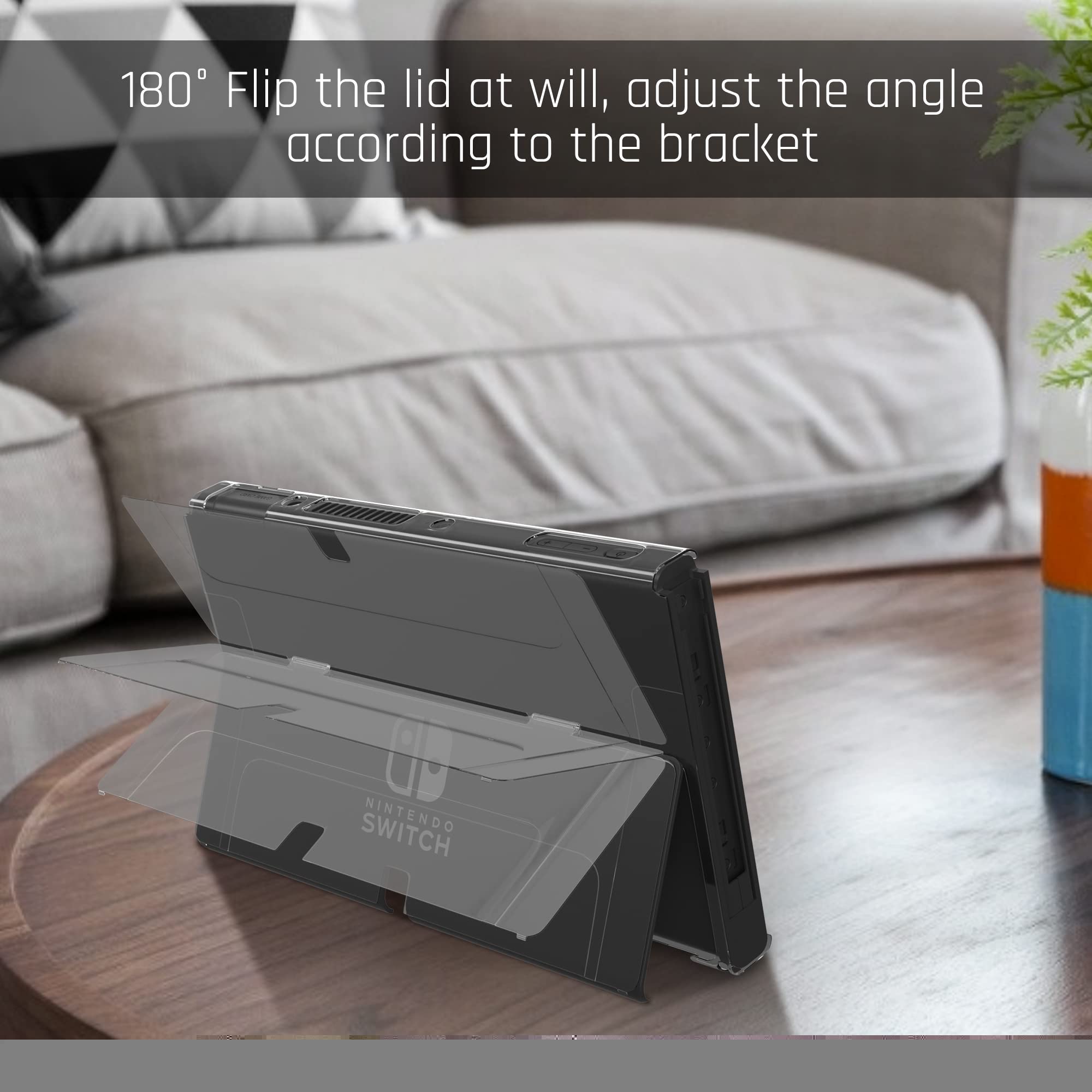 FUNDIARY Switch OLED Clear Case, Protective Cover for Nintendo Switch OLED Model Accessories with Screen Protector and 8 Pcs Thumb Caps - Ultra-Slim Dockable & Flip Shell