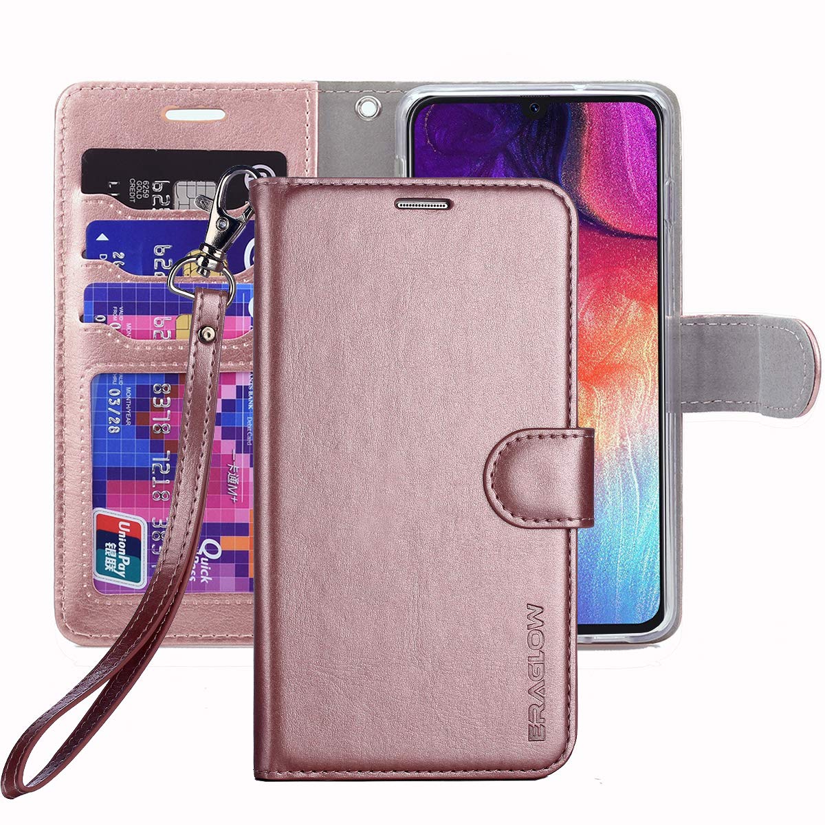 ERAGLOW Galaxy A50 Case,Galaxy A50 Wallet Case,Premium PU Leather Wallet Flip Protective Phone Case Cover w/Card Slots & Kickstand for Samsung Galaxy A50 2019 (Rose Gold)