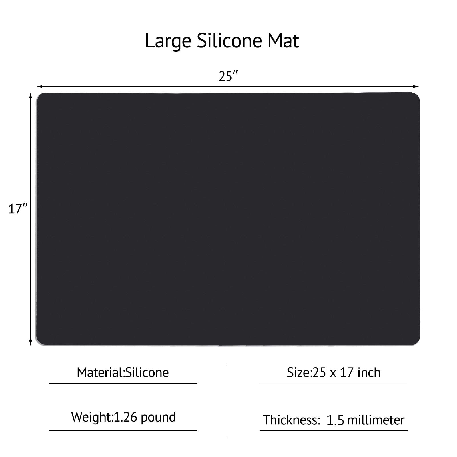 Gartful Silicone Mats for Kitchen Counter, Thicker 0.06", 25 x 17 inches Multipurpose Table Mat, Silicone Pad Desk Work Mat, Nonstick Nonskid Heat-Resistant Pad, Placemat, Black