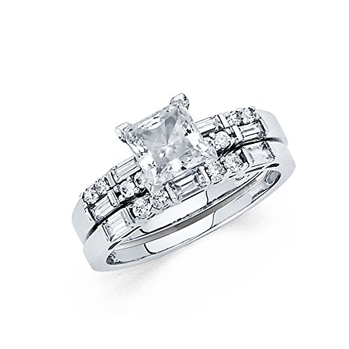FB JEWELS 14K White Gold Cubic Zirconia CZ Princess Cut Wedding Band and Engagement Bridal Ring Two Piece Set Size 5