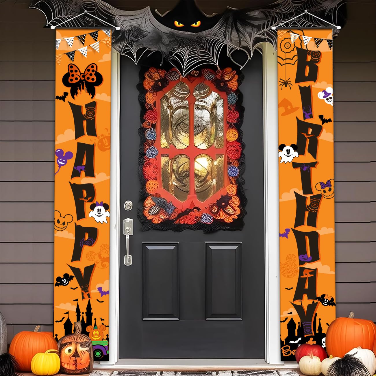 Halloween Birthday Party Decorations Door Banners, 2pcs Happy Birthday Porch Sign Banner, Cartoon Themed Party Supplies Decorations Welcome Door Banner for Halloween Birthday Party