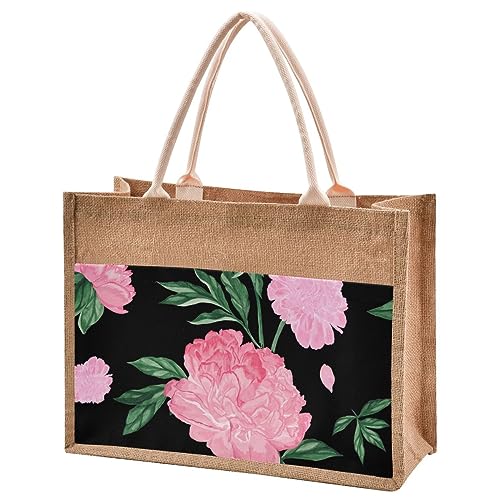 Jute Burlap Tote Watercolor Peony Country Garden Leaves Flower Floral Black Large Beach Bag Reusable Grocery Shopping Storage Bag