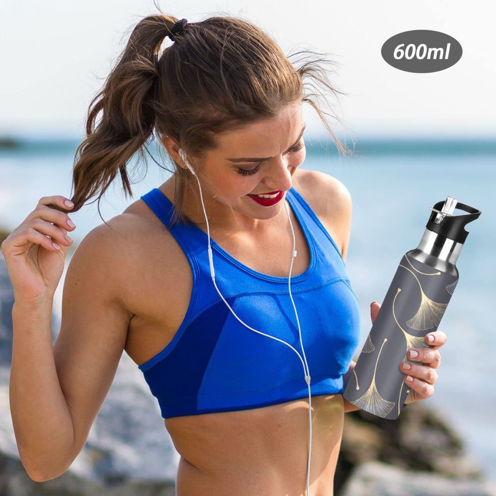 Ginkgo Leaves Leak Free Insulated Bottles with Handle 32 oz Vaccuum Bottle with Straw Lid Thermal Bottle for Hot & Cold Drinks BAP-Free