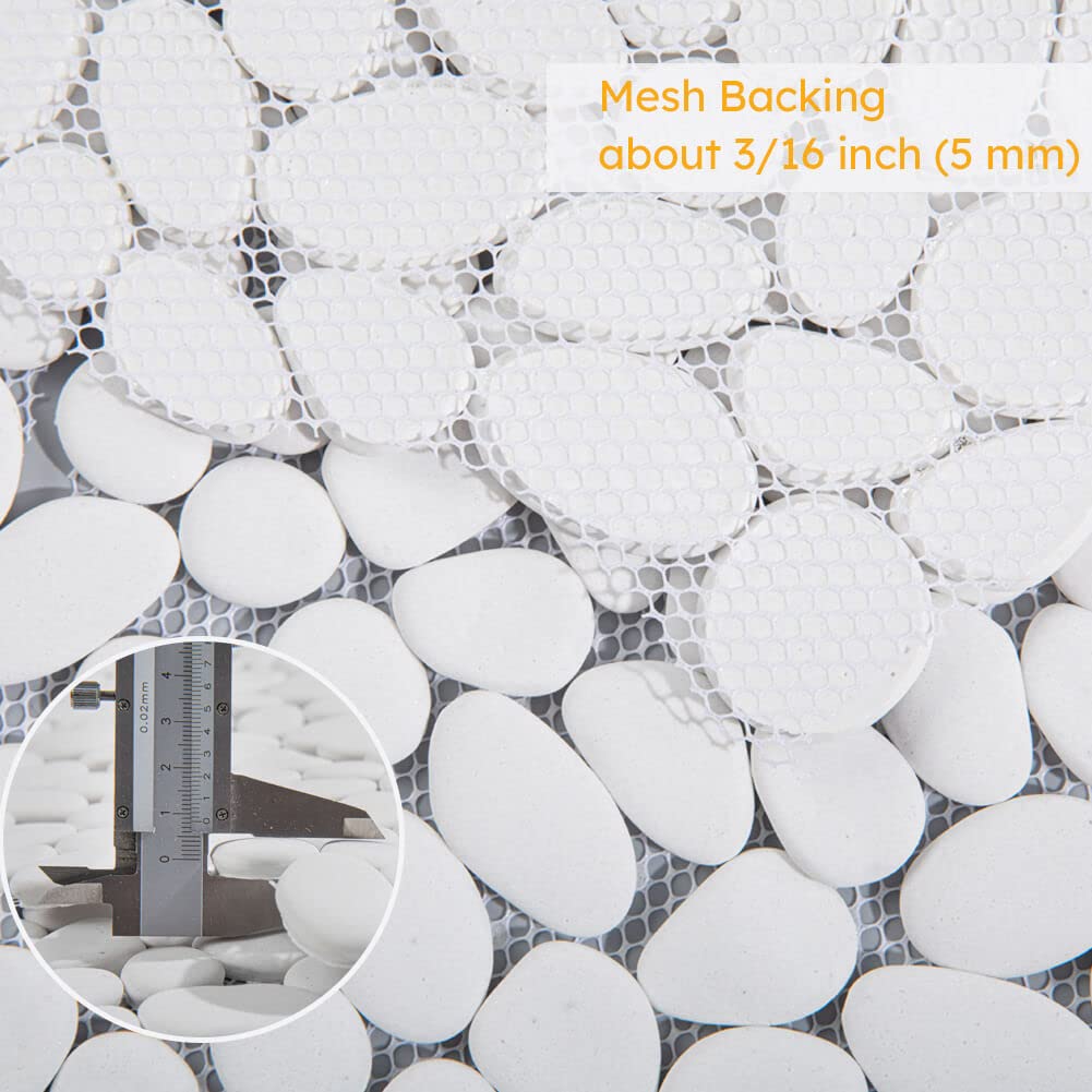 Diflart White Pebble Backsplash Tile Polished for Kitchen Shower Floor Wall Tiles Pack of 5 Sheets