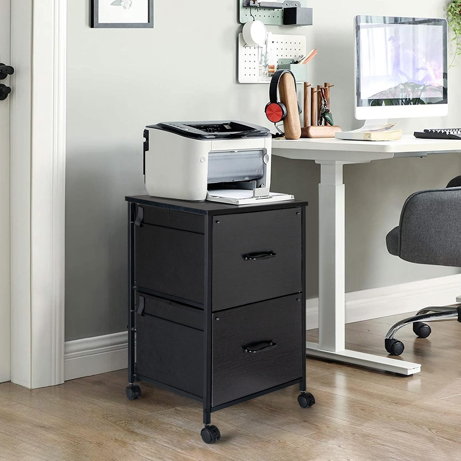 Finnhomy Mobile File Cabinet with 2 Drawers, Small Fabric Vertical Filing Cabinet with Wooden Board, Rolling Printer Stand fits A4 or Letter Size