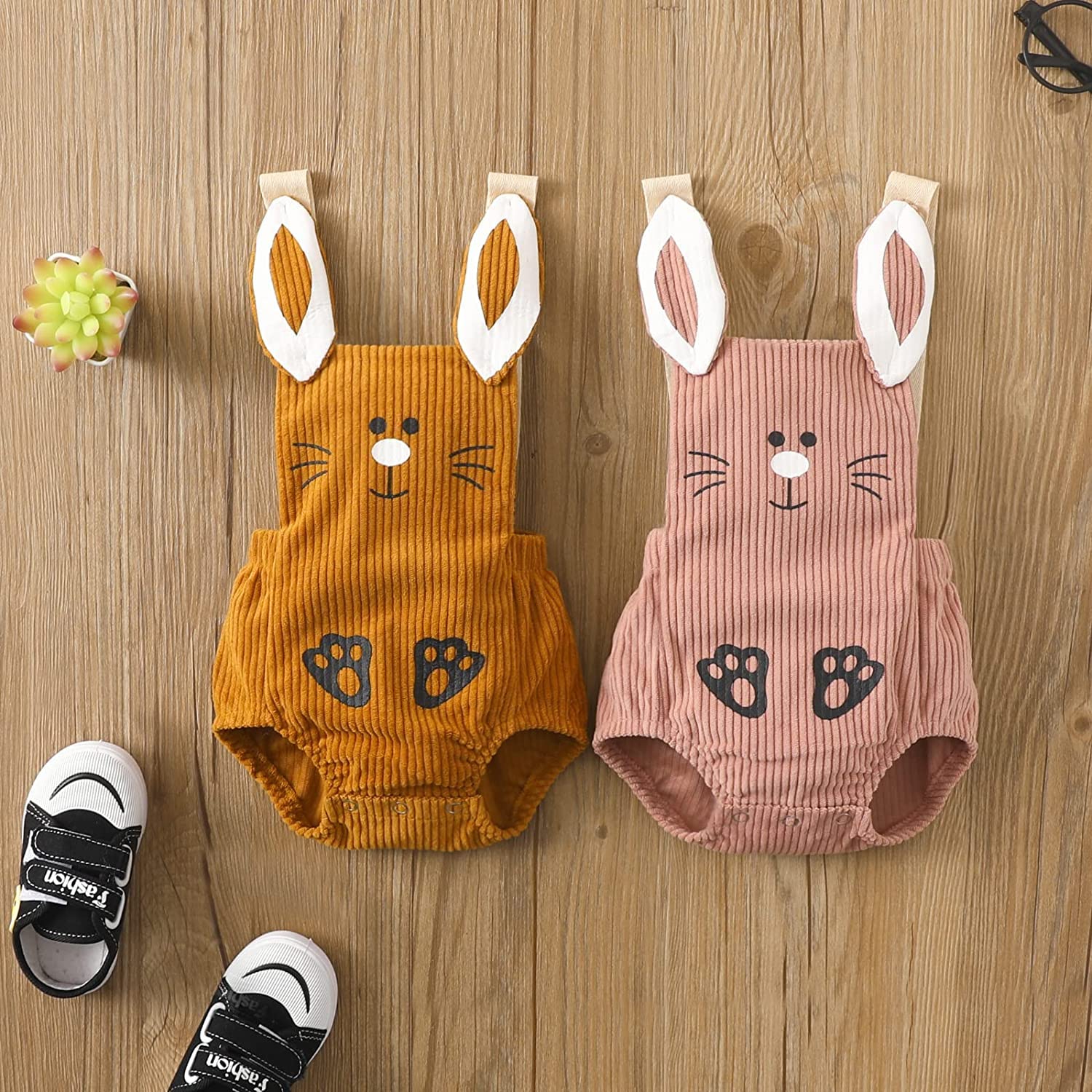 TROSJ Newborn Baby Boy Girl Easter Outfits Sleeveless Button Corduroy Cartoon Bunny Romper Bodysuit Summer Clothes 0-12M (Pink, 0-3 Months)