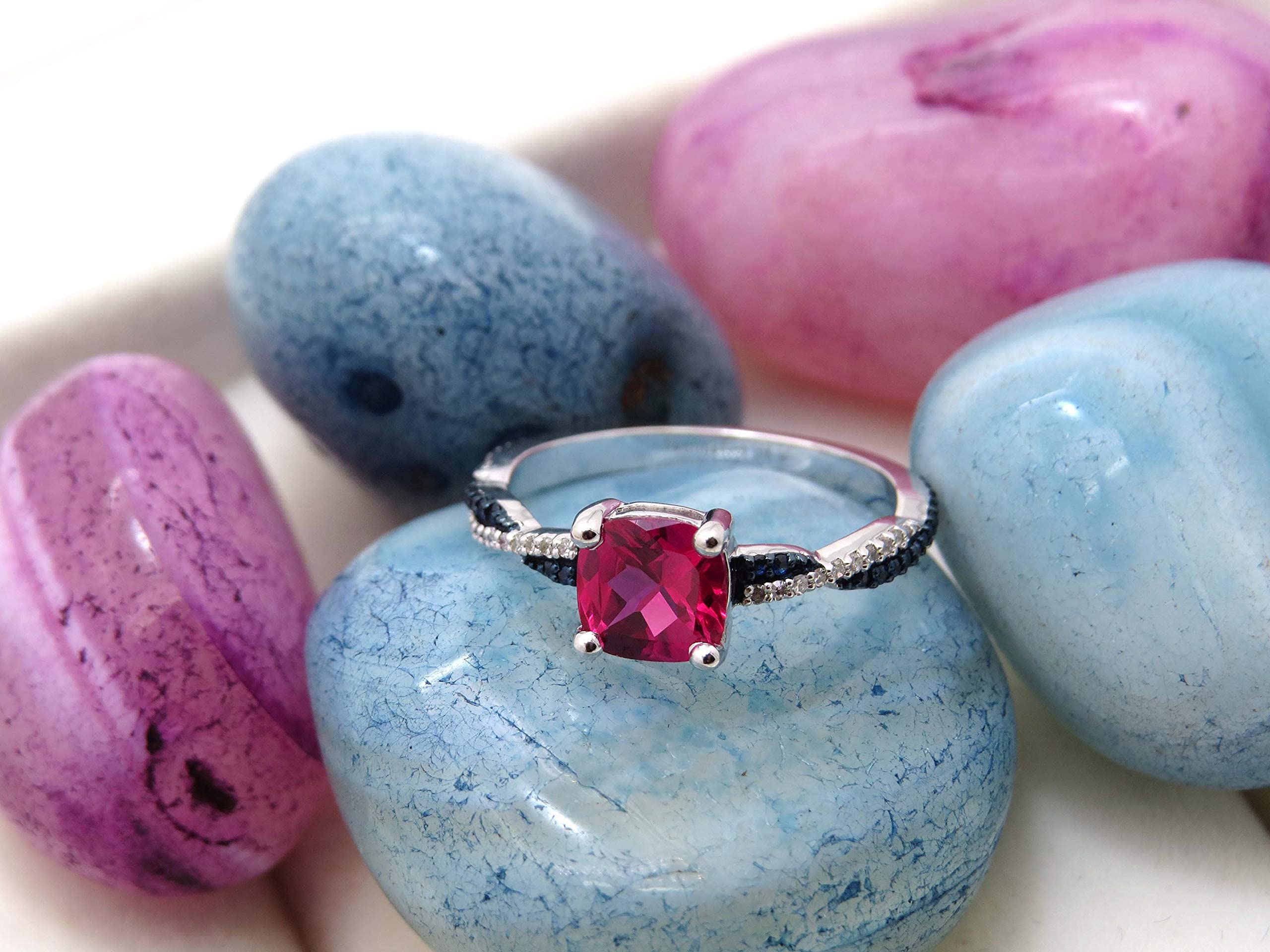Dazzlingrock Collection 6 MM Cushion Lab Created Ruby with Round Blue Sapphire & Diamond Women Engagement Ring | 14K White Gold, Size 8.5