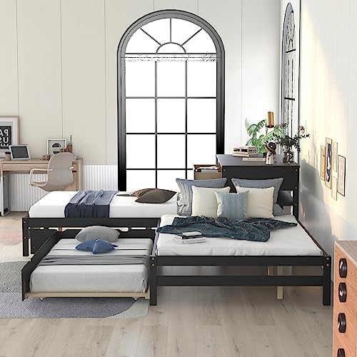 Full Size L Shaped Bed Platform Bed with Trundle and Drawers Linked with Built-in Rectangle Table, Wooden Bed Frame for Kids Teens Adults (Espresso)